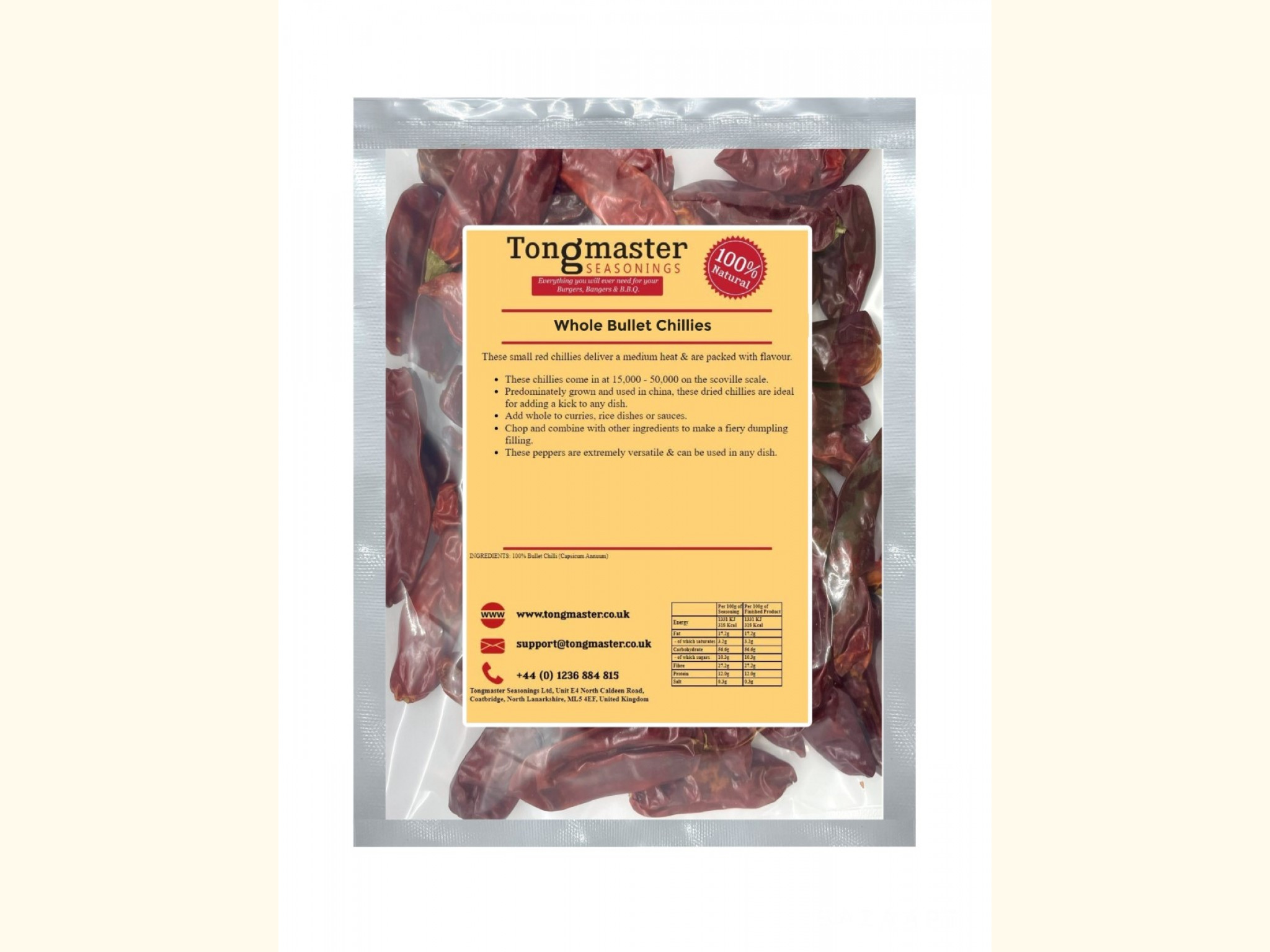 Whole Dried Bullet Chillies - Stemless - 1kg